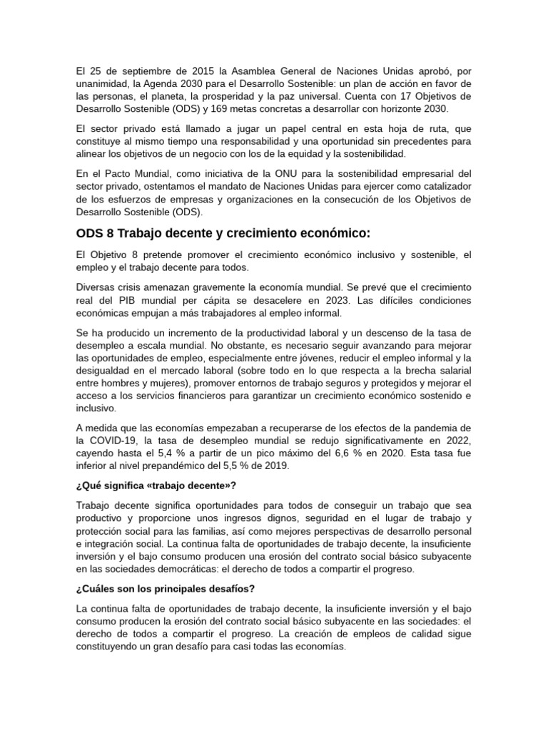 Trabajo decente y la Agenda 2030 de Desarrollo Sostenible | PDF | Sustentabilidad | Empleo