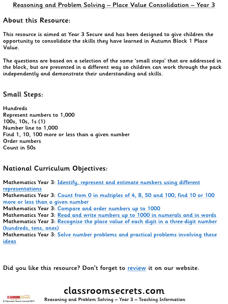 Year 3 Place Value Problem Solving | PDF | Mathematics