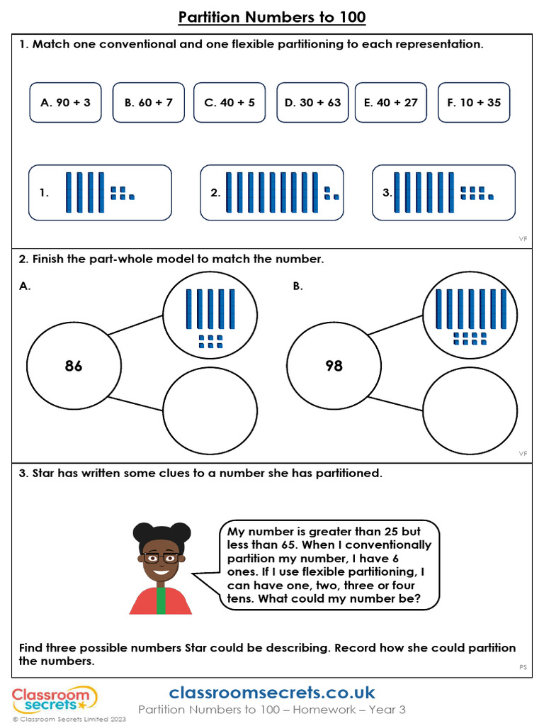 Year 3 Partitioning to 100 Worksheet | PDF