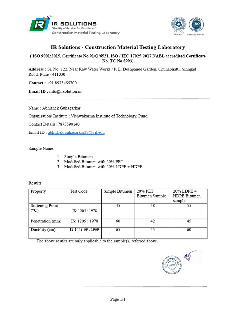 Bitumen Sample Report - IR Solutions | PDF