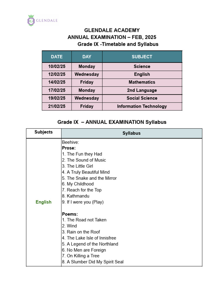 Glendale Academy Grade IX Exam Timetable | PDF