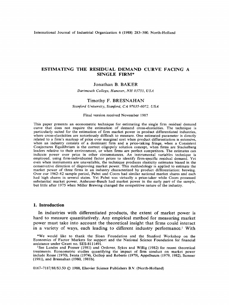 Estimating The Residual Demand Curve Facing A Single Firm | PDF ...