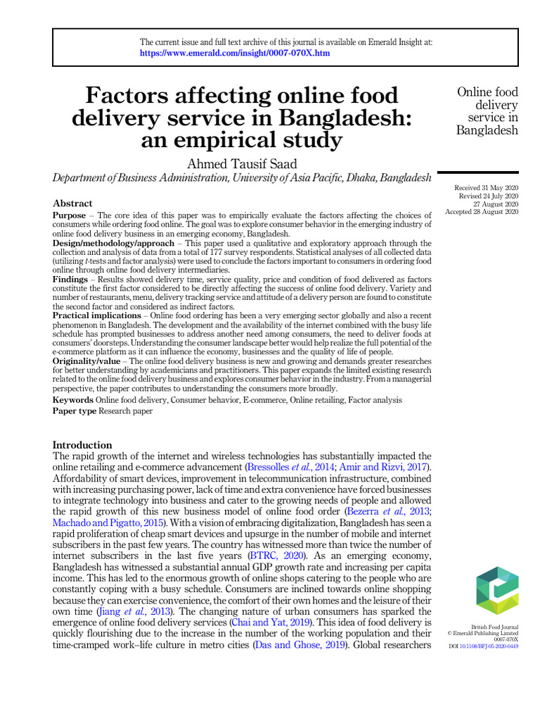 Factors Affecting Online Food Delivery Service in Bangladesh An Empirical Study | PDF | Online ...