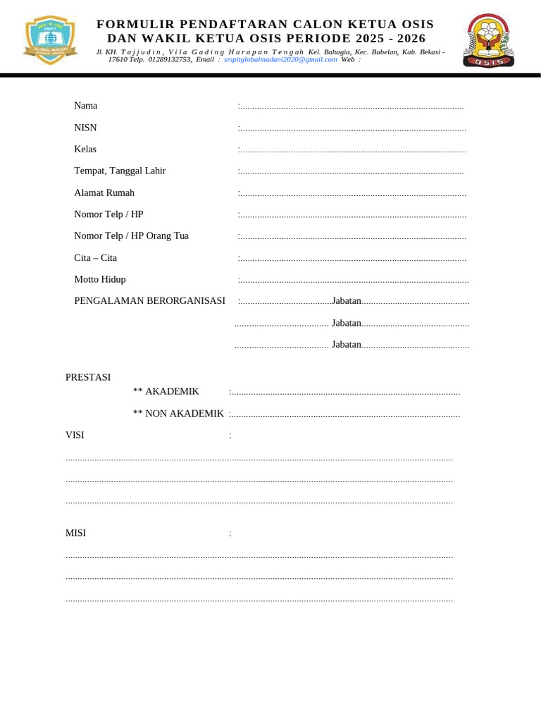 Formulir Pendaftaran Calon Ketua Osis | PDF