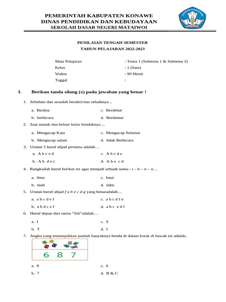 Soal PTS Kelas 1 Tema 1 Sub 1&2 | PDF