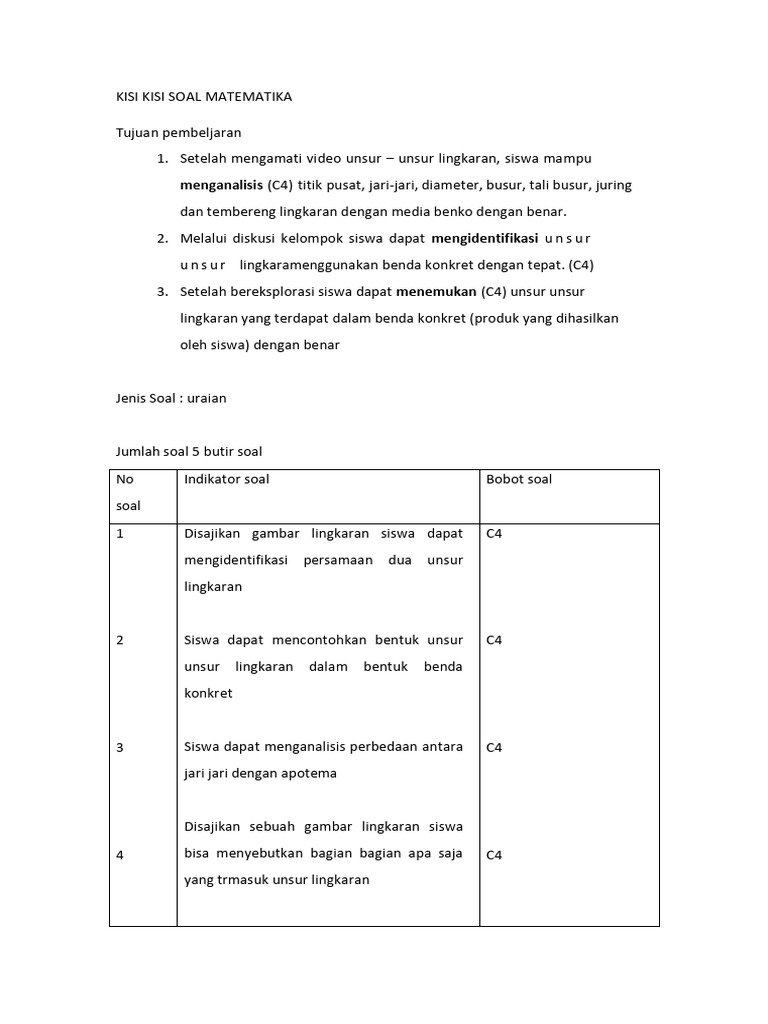 Kisi-Kisi Soal Unsur Lingkaran Matematika | PDF