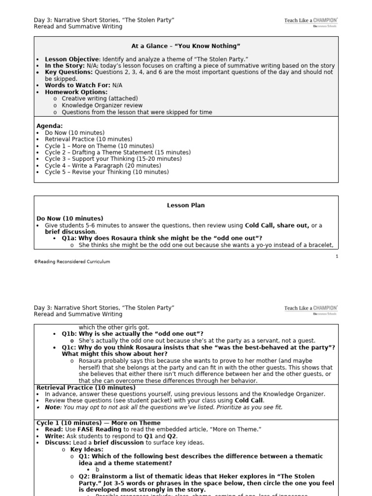 3 Short Stories Lesson Plan Stolen Party Day 3 | PDF | Human Communication