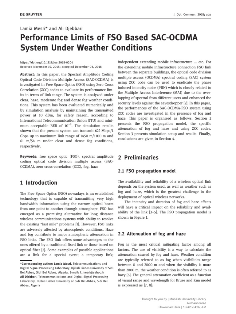 [journal Of Optical Communications] Performance Limits Of Fso Based Sac