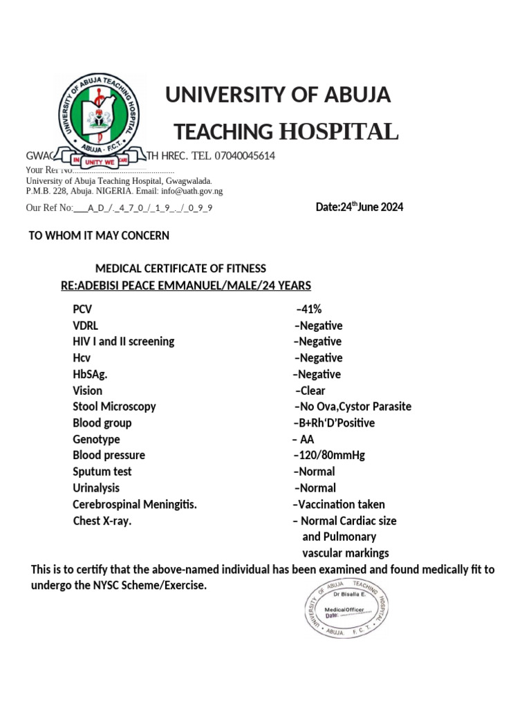 Medical Fitness Abuja (Male) Adebisi Peace Emmanuel | PDF