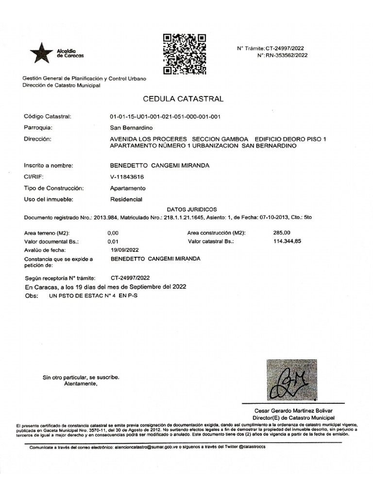Cédula Catastral Apto | PDF