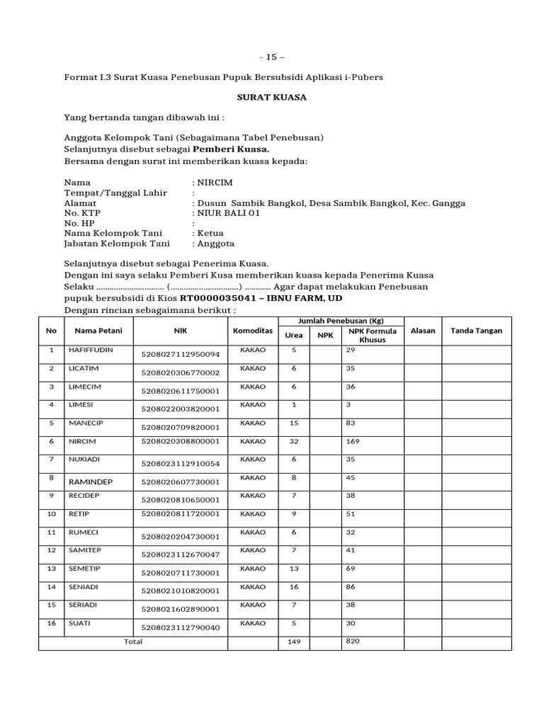 Surat Kuasa Penebusan Pupuk Nyiur Bali 01 | PDF
