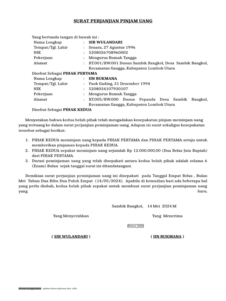 Surat Pinjam Uang | PDF