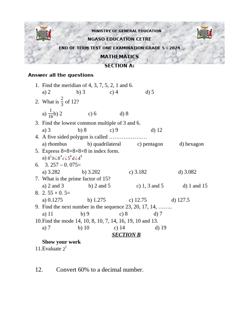 Grade 06 Mid Two Math End of Term | PDF
