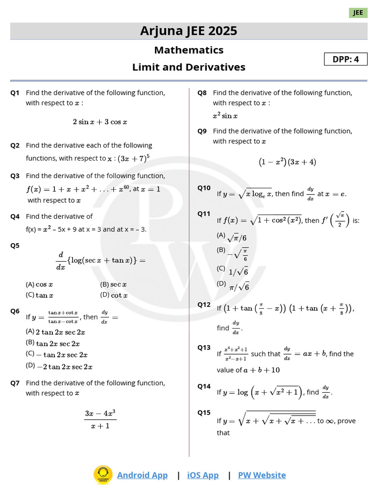 Limits and Derivatives _ DPP 04 (Extra DPP) __ Arjuna JEE 2025 (1) | PDF