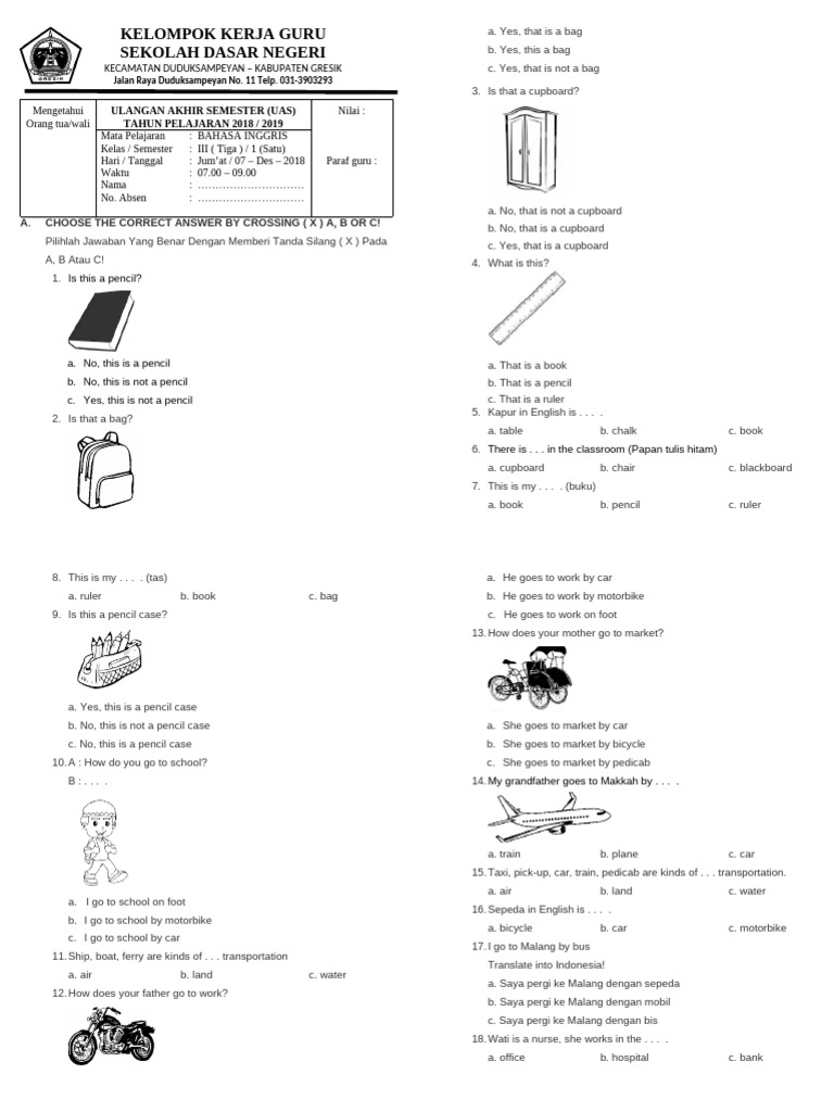 Soal Big Uas 1 KLS 3 2018-2019 | PDF | Transport