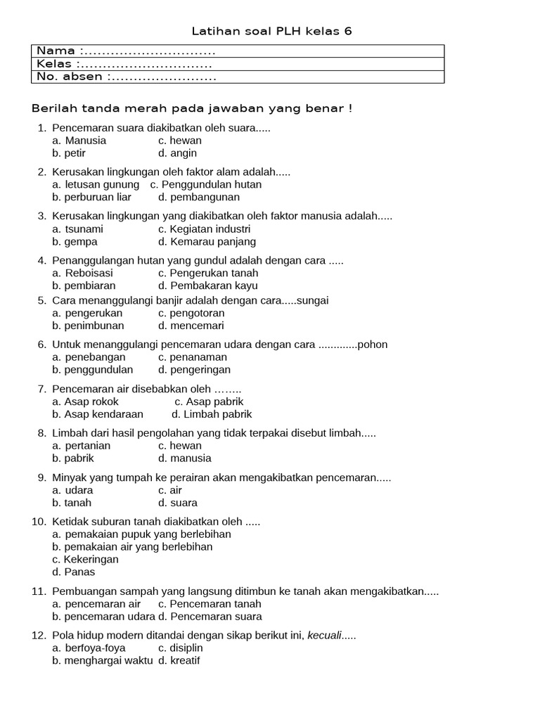 Latihan Soal PLH Kelas 6 | PDF