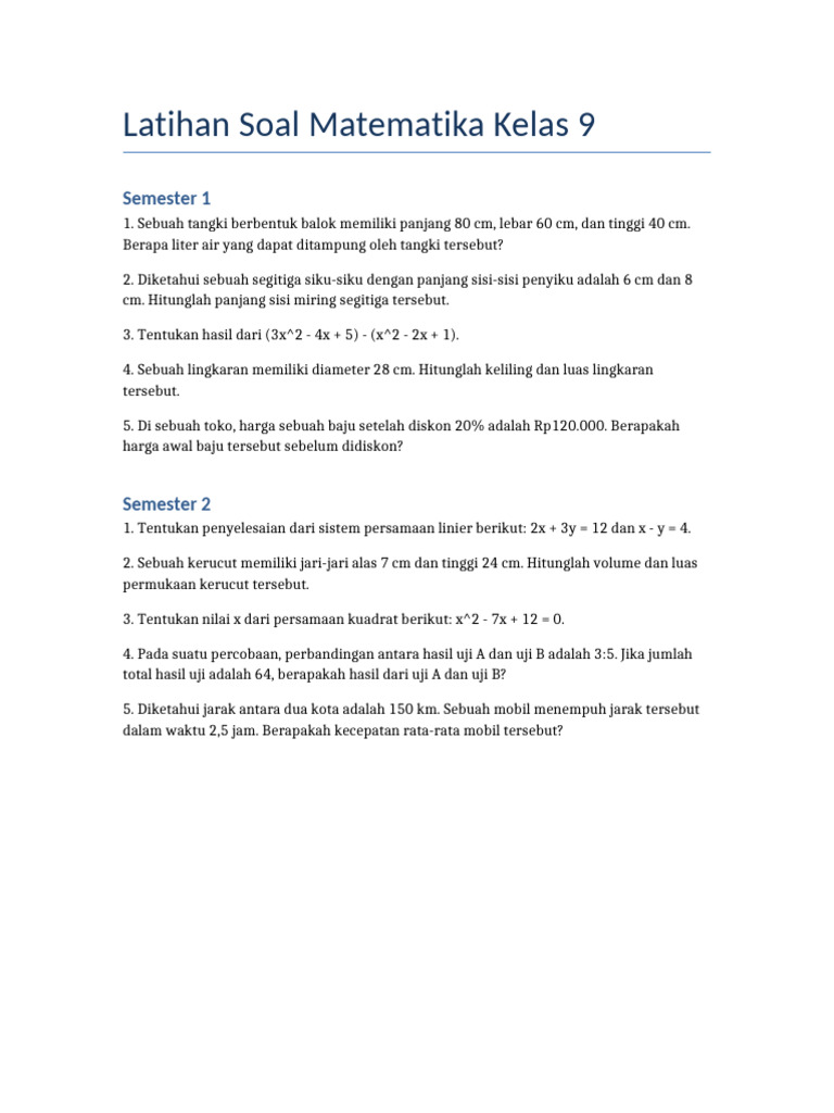 Latihan Soal Matematika Kelas 9 | PDF