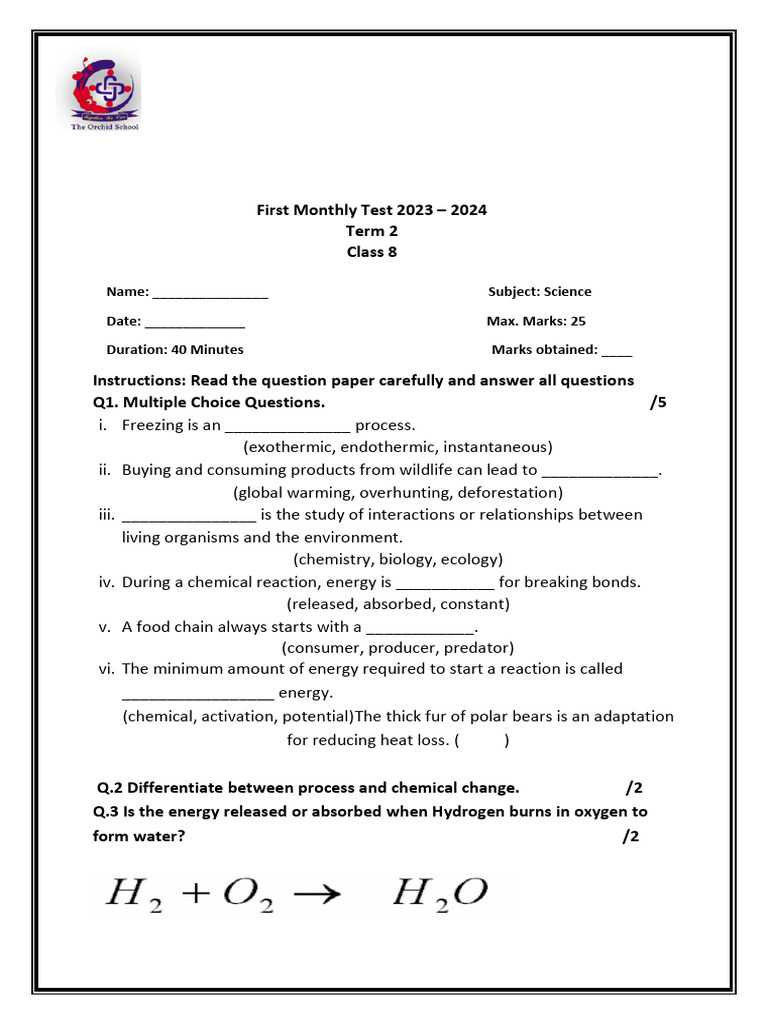 Class 8 Term 2 Science Ist Aessessment 2024 | PDF | Chemical Reactions ...