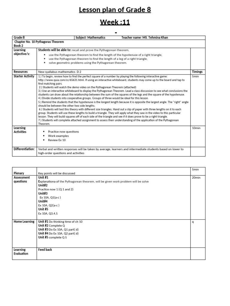 Grade 8 Math: Pythagorean Theorem Lesson Plan | PDF | Elementary ...