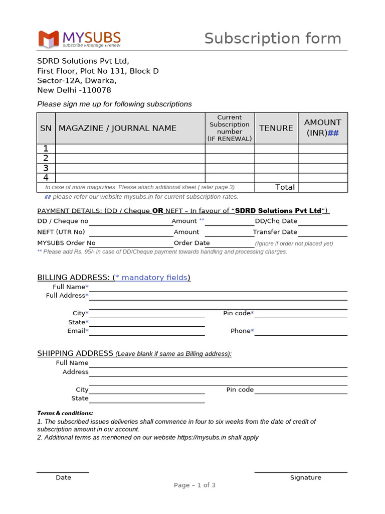 MYSUBS Subscription Form 3 | PDF | Payments | Cheque