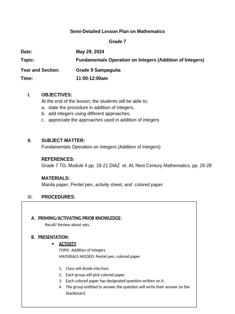 Semi Detailed Lesson Plan On Mathematics | PDF | Arithmetic | Mathematics