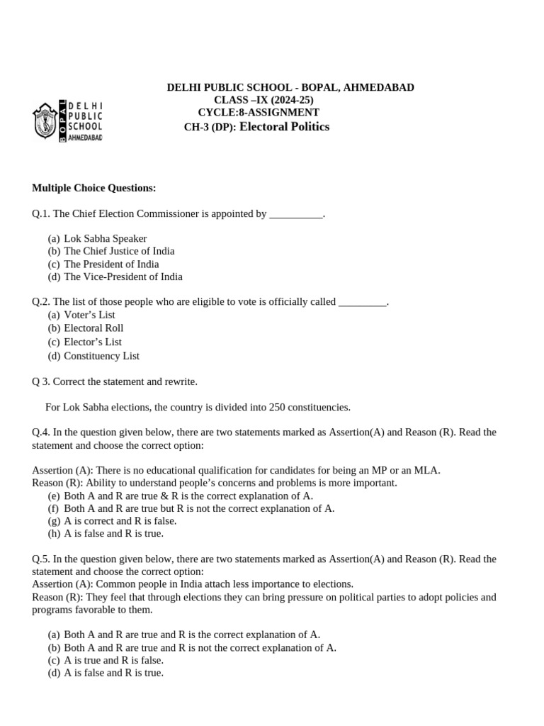 Assignment Electoral Politics | PDF | Elections | Democracy