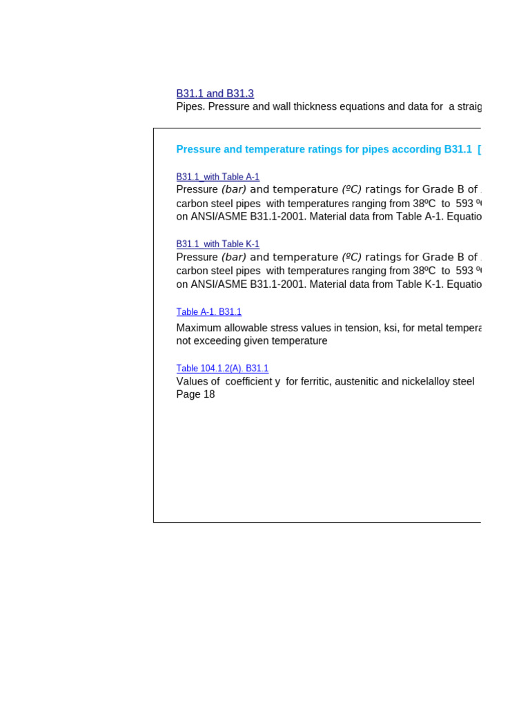 Pipes. Pressure and Wall Thickness Equations and Data for a Straight Pipe. ASME B31.1 and B31.3 ...