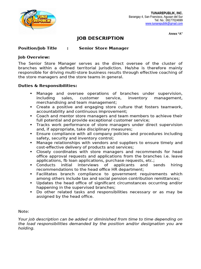 Senior Store Manager Job Description | PDF | Inventory | Business