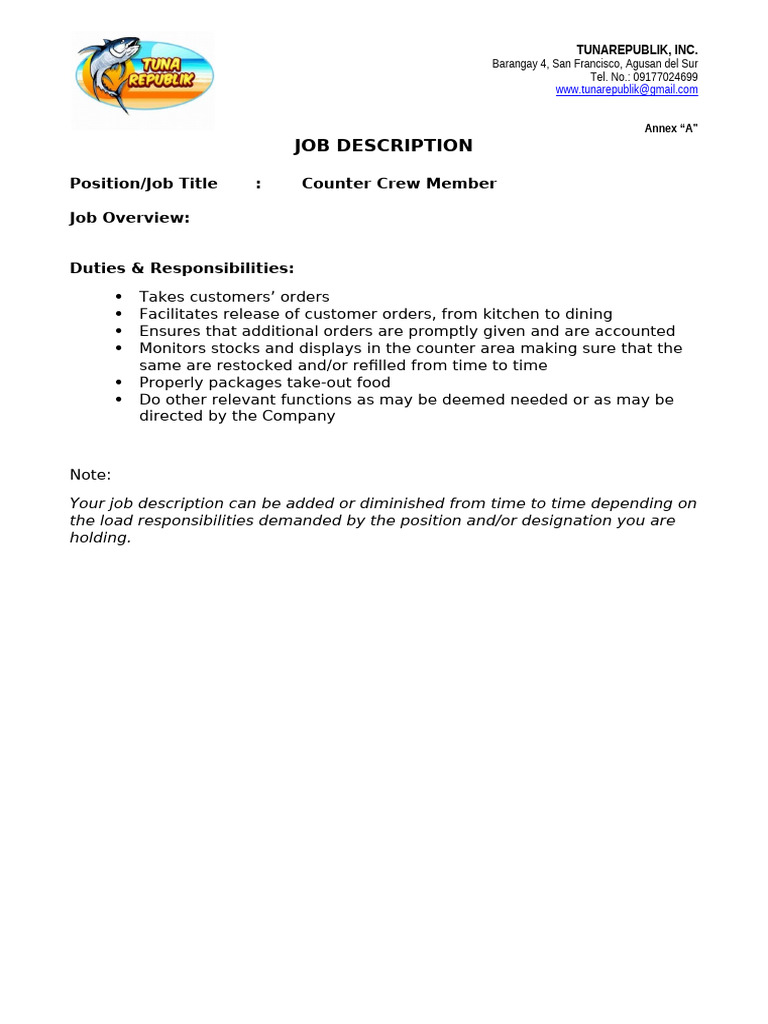 Counter Crew Member Job Description | PDF