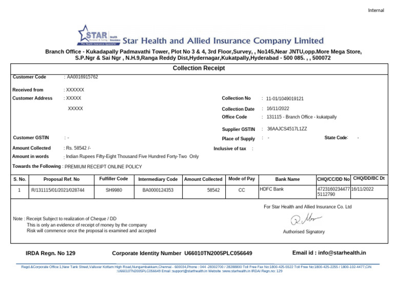 Kukatpally Premium Receipt - Star Health | PDF | Financial Services ...