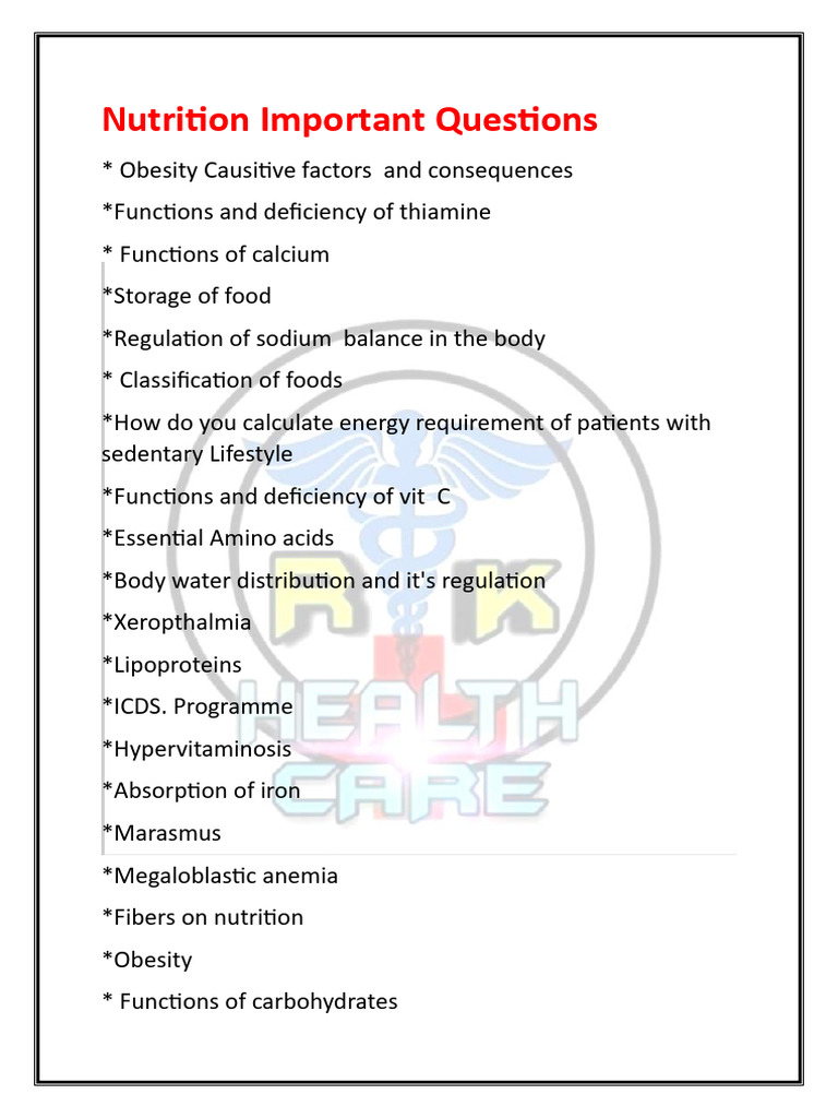 Nutrition Important Questions | PDF