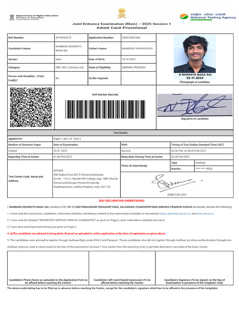 Bharath Admit Card | PDF