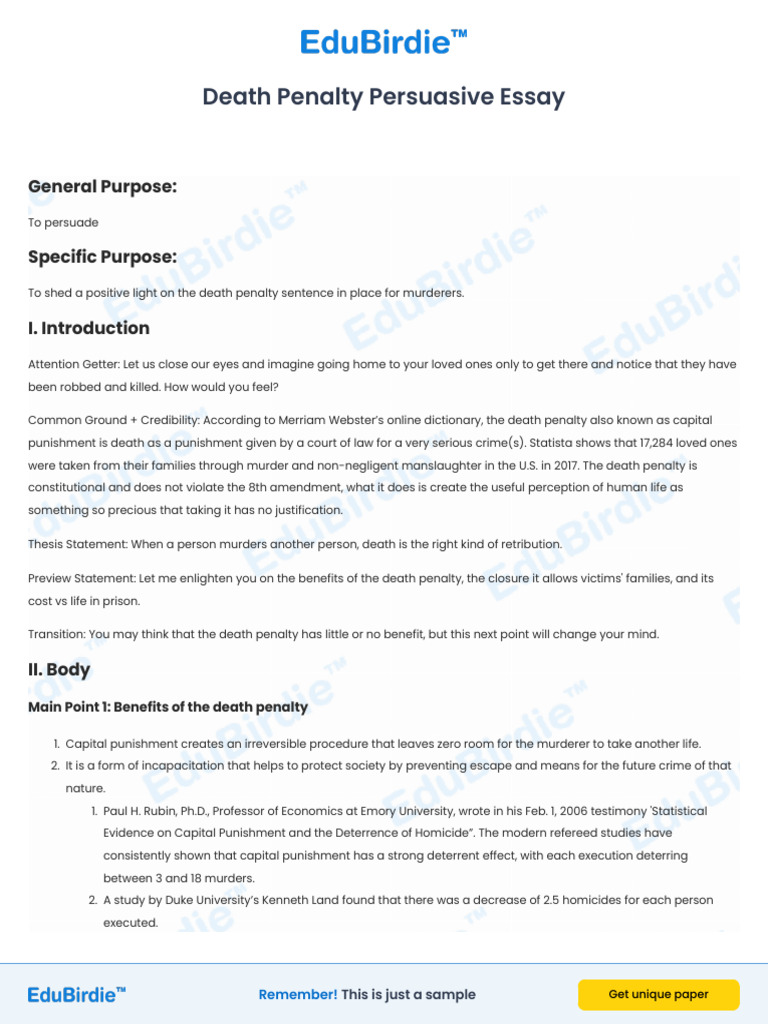 Death Penalty Persuasive Essay | PDF | Murder | Capital Punishment