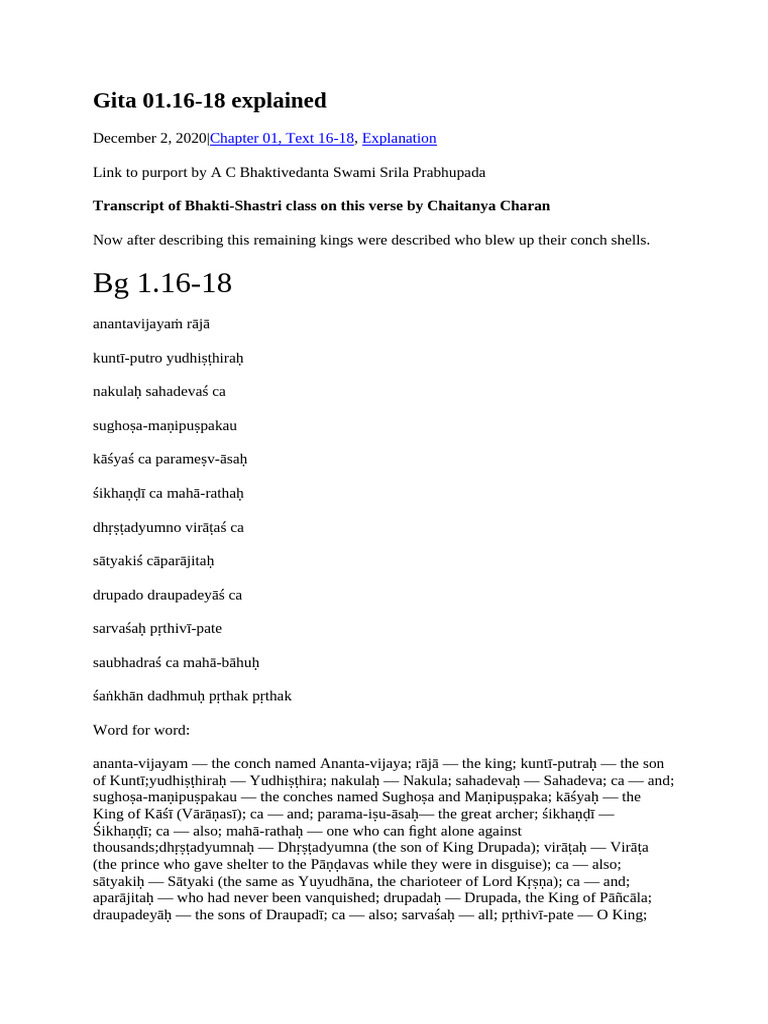 Gita 01.16-18 Explanation From Bhakti Sastri Class | PDF | Hindu ...