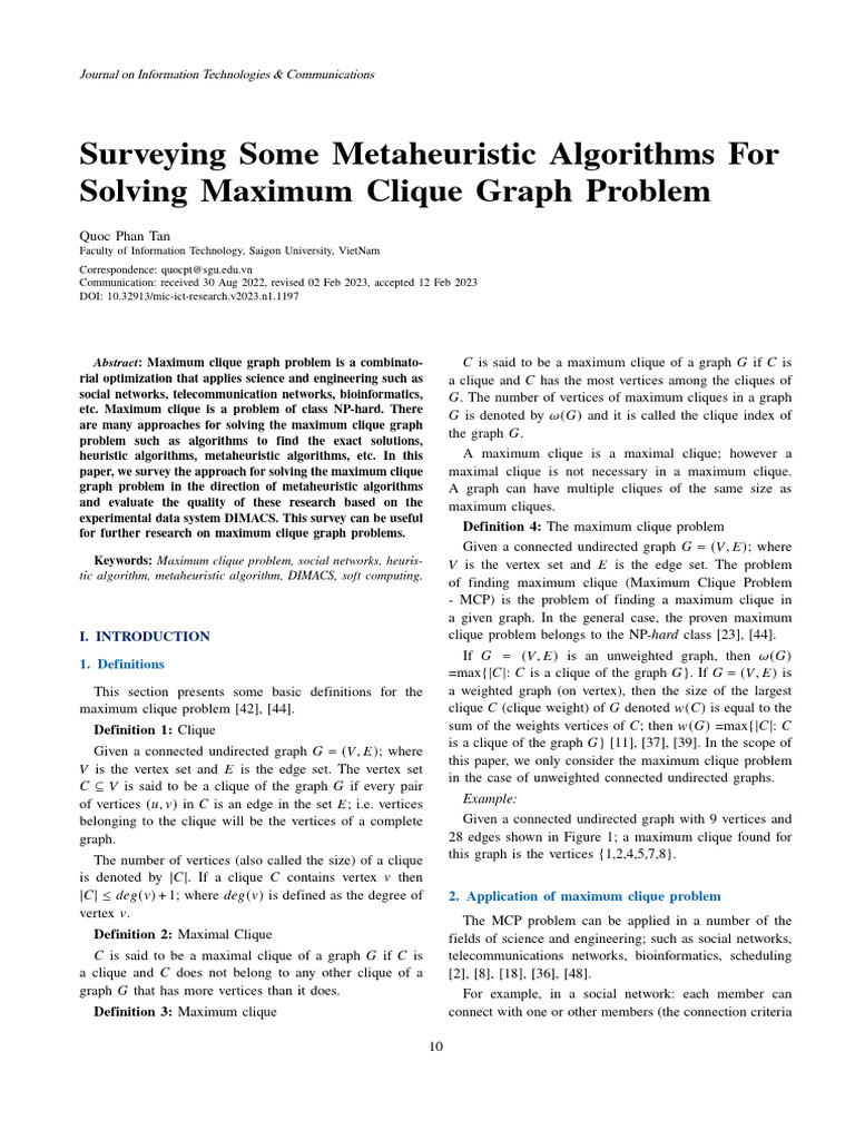 Surveying_Some_Metaheuristic_Algorithms_For_Solving_Maximum_Clique_Graph_Problem | PDF | Vertex ...
