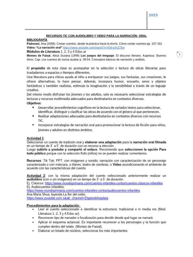 Clase5 - TIC Con Audiolibro y Video GUIA | PDF | Narración | Cuentos