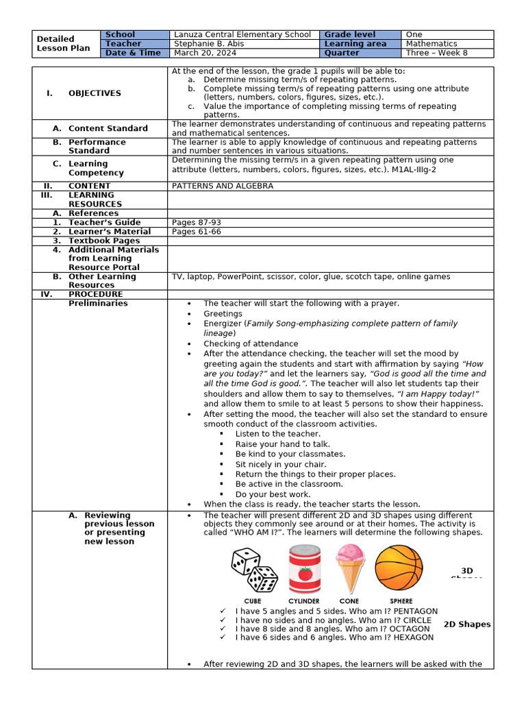 3rd CO Detailed Lesson Plan Grade 1 MATATAG | PDF | Teachers | Learning