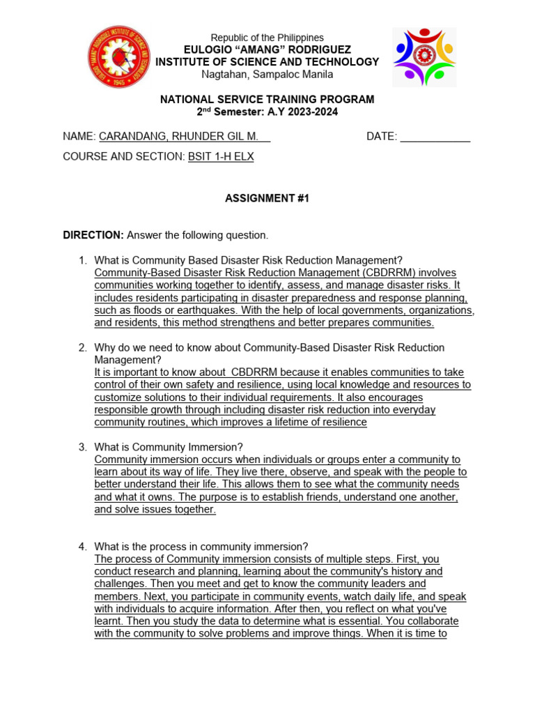 NSTP LEARING ASSIGNMENT No.1 AY 2023 2024 | PDF | Disaster Risk Reduction | Emergency Management