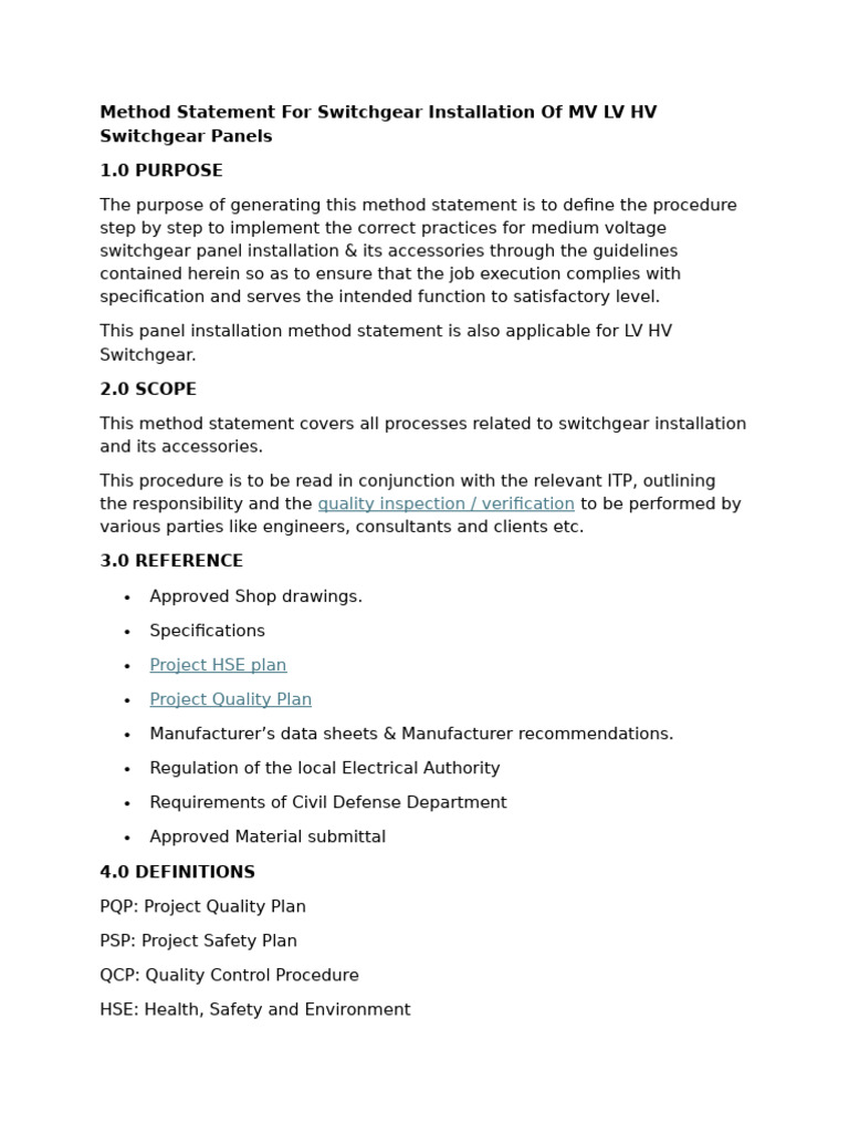 Method Statement For Switchgear Installation Of Mv Lv Hv Switchgear