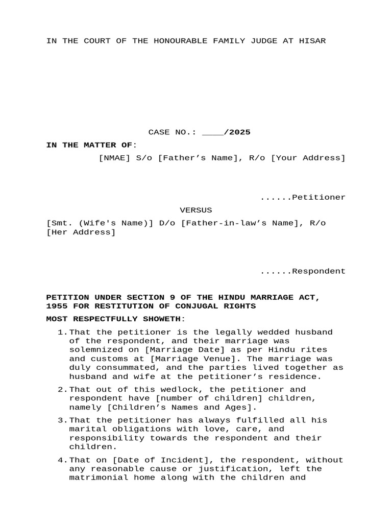 Petition for Restitution of Conjugal Rights | PDF | Marriage | Divorce