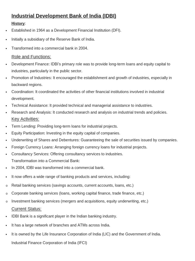 IDBI Bank: History, Role, and Services | PDF | Banks | Small And Medium ...