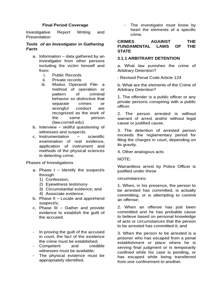 Final Period Coverage-Summary | PDF | Arrest | Crimes