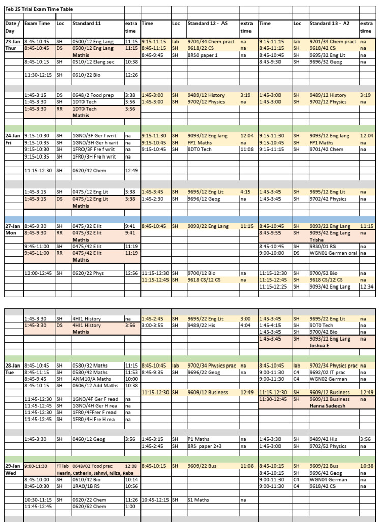 2025 Trial Exam Feb - Time Table - 5 - Final - Student | PDF