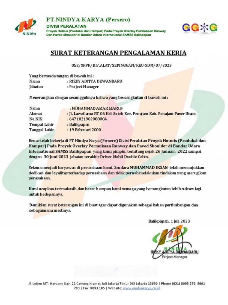Contoh Surat Pengalaman Kerja | PDF