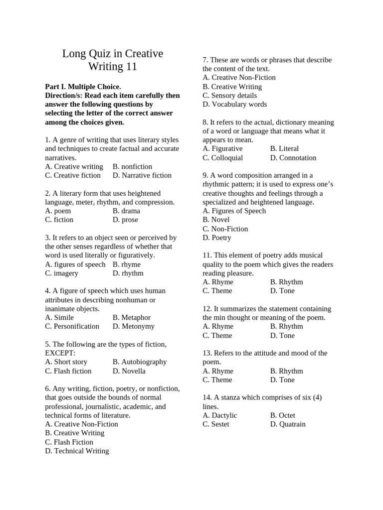 Creative Writing Quiz: Multiple Choice & Poem | PDF | Poetry | Prose