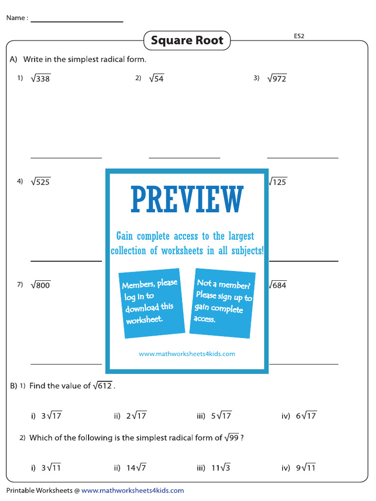 Square Root 2 (Work Sheet) | PDF