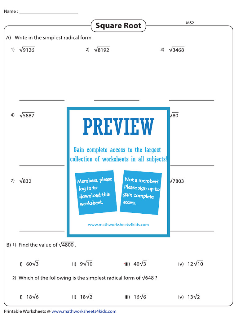 Square Root 5 (Work Sheet) | PDF