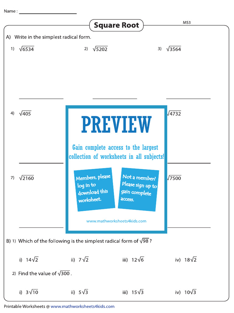 square root 6 (work sheet) | PDF