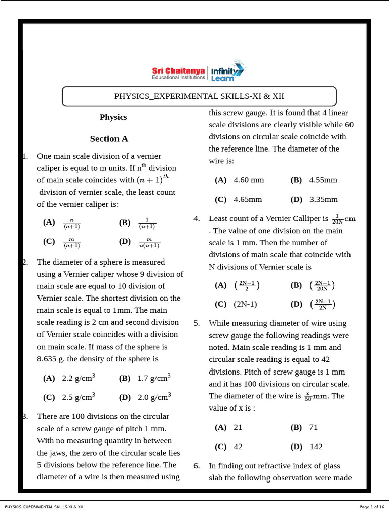 PHYSICS_EXPERIMENTAL SKILLS-XI & XII_Qp | PDF | Physical Quantities