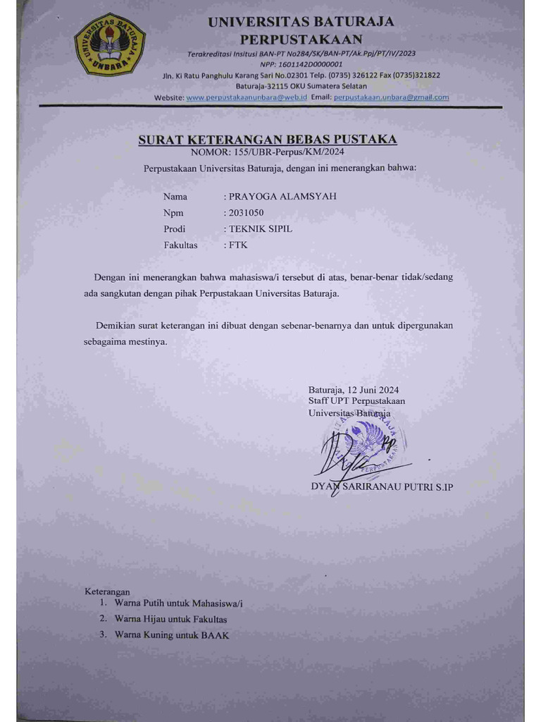 Surat Bebas Pustaka 2031050 | PDF